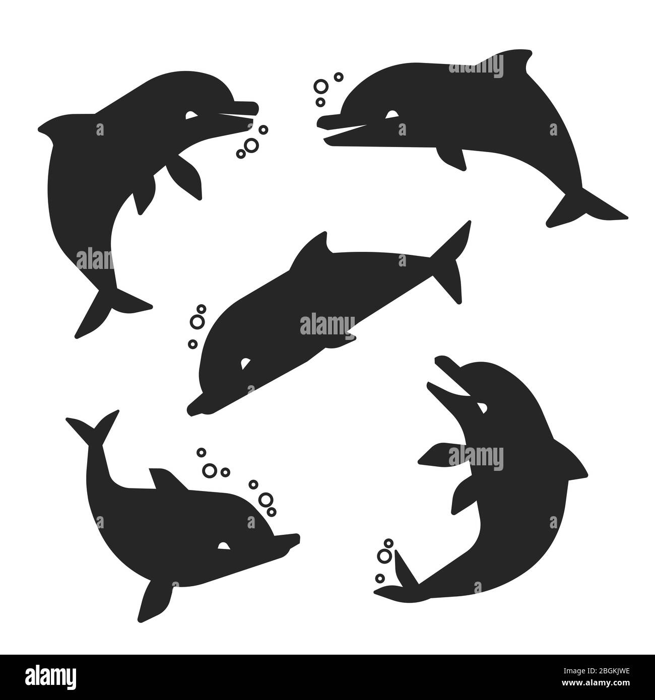 Black happy dolphins of set silhouettes isolated on white background ...