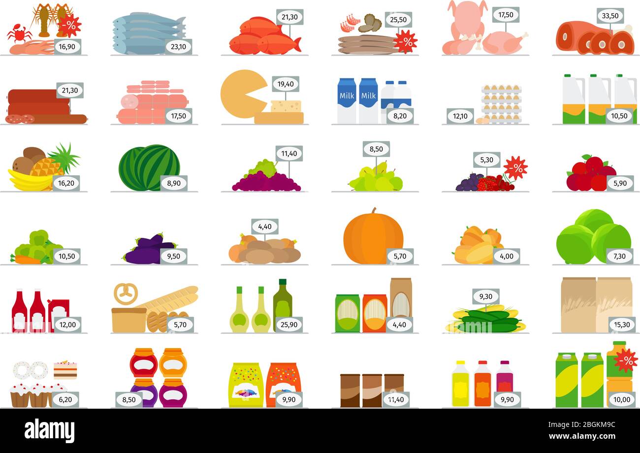 Vector food market flat icons with price tags Stock Vector Image & Art ...