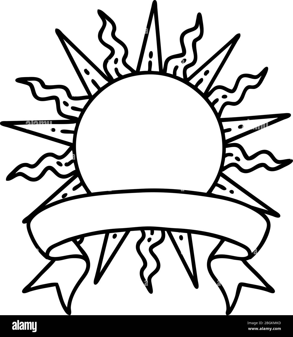 traditional black linework tattoo with banner of a sun Stock Vector ...