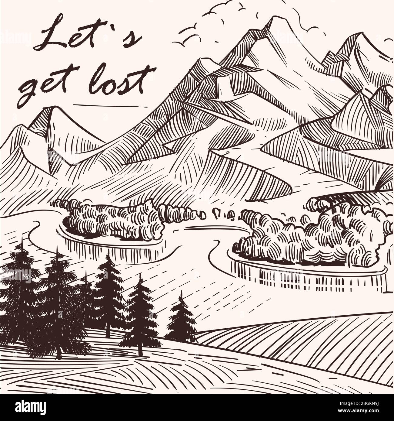 Hand sketched mountain landscape Lets get lost. Banner and poster ...