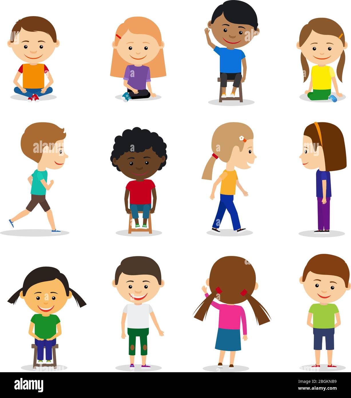 Cute kids characters in different position vector set in flat style ...
