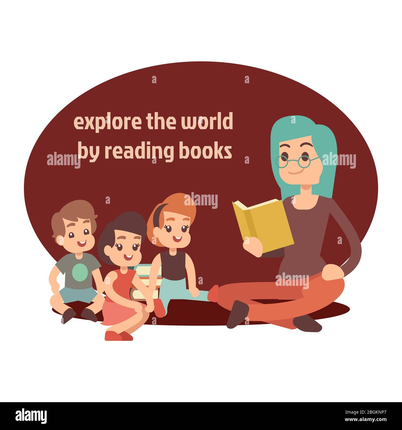 Young teacher and happy kids reading book. Explore the world by reading ...