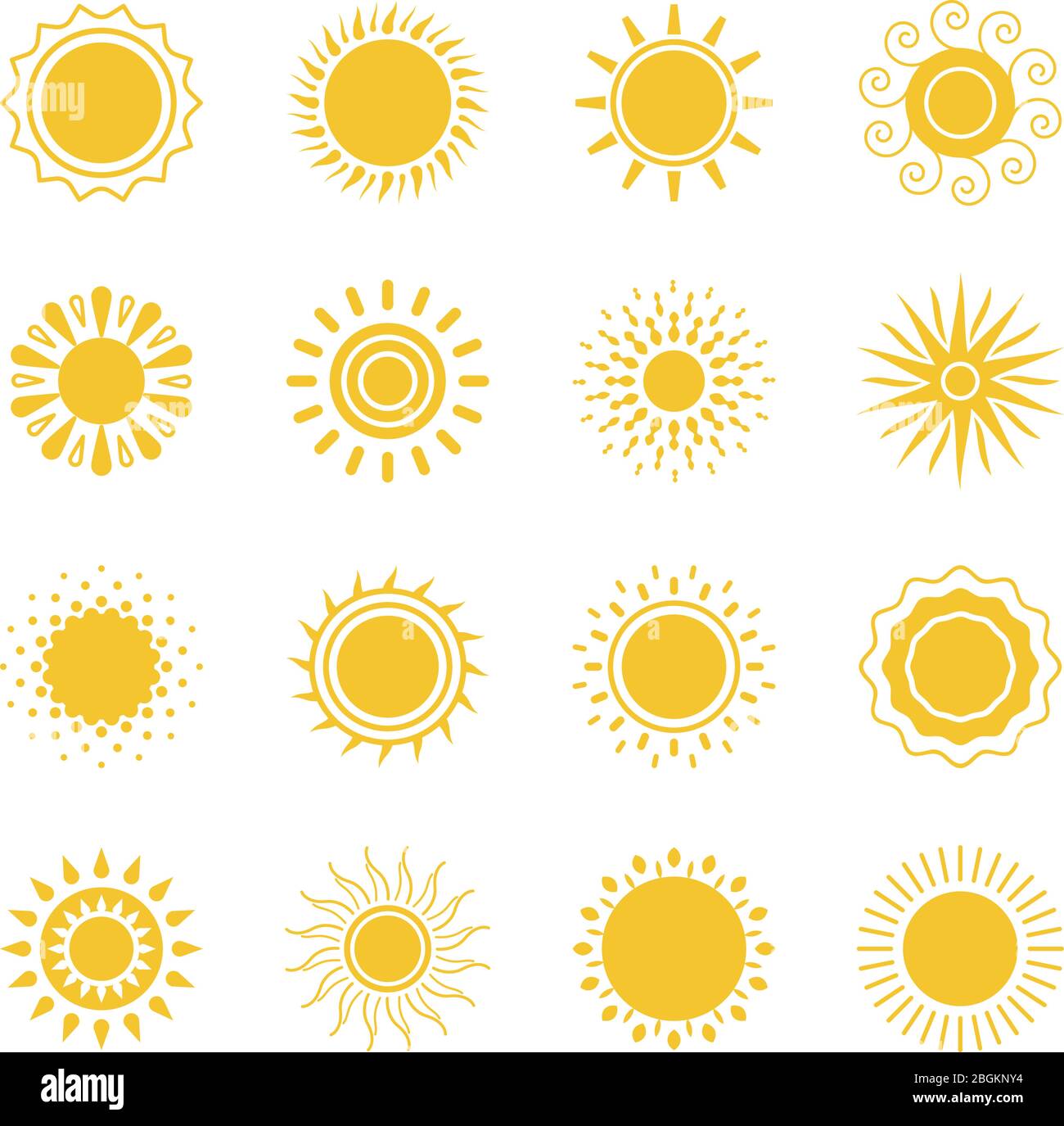 Vector yellow sun symbols. Sun and sunshine icons collection on white ...