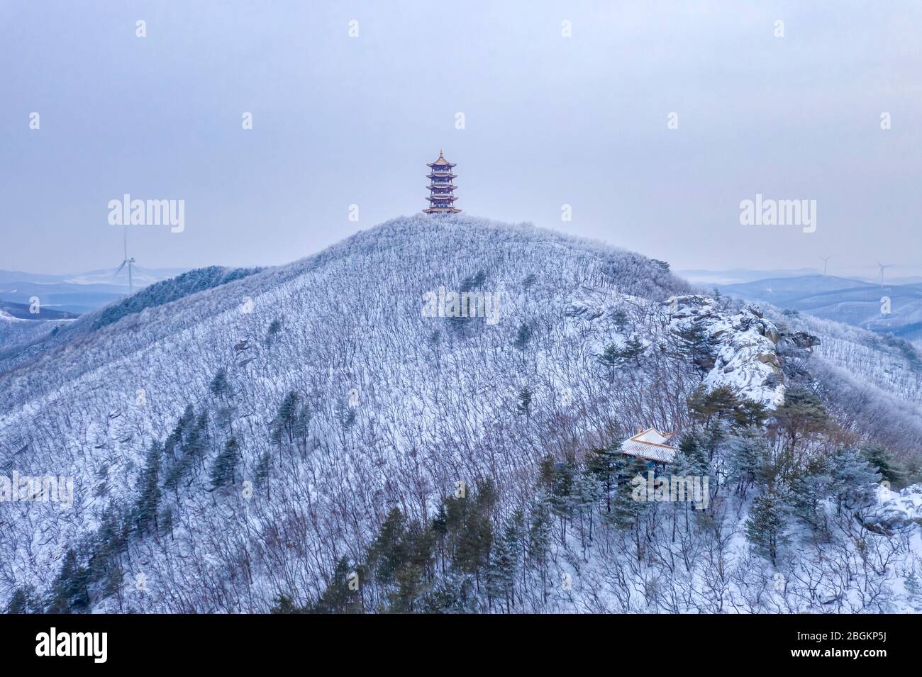 An aerial winter scenery of trees covered with rime around Xingkai Lake ...