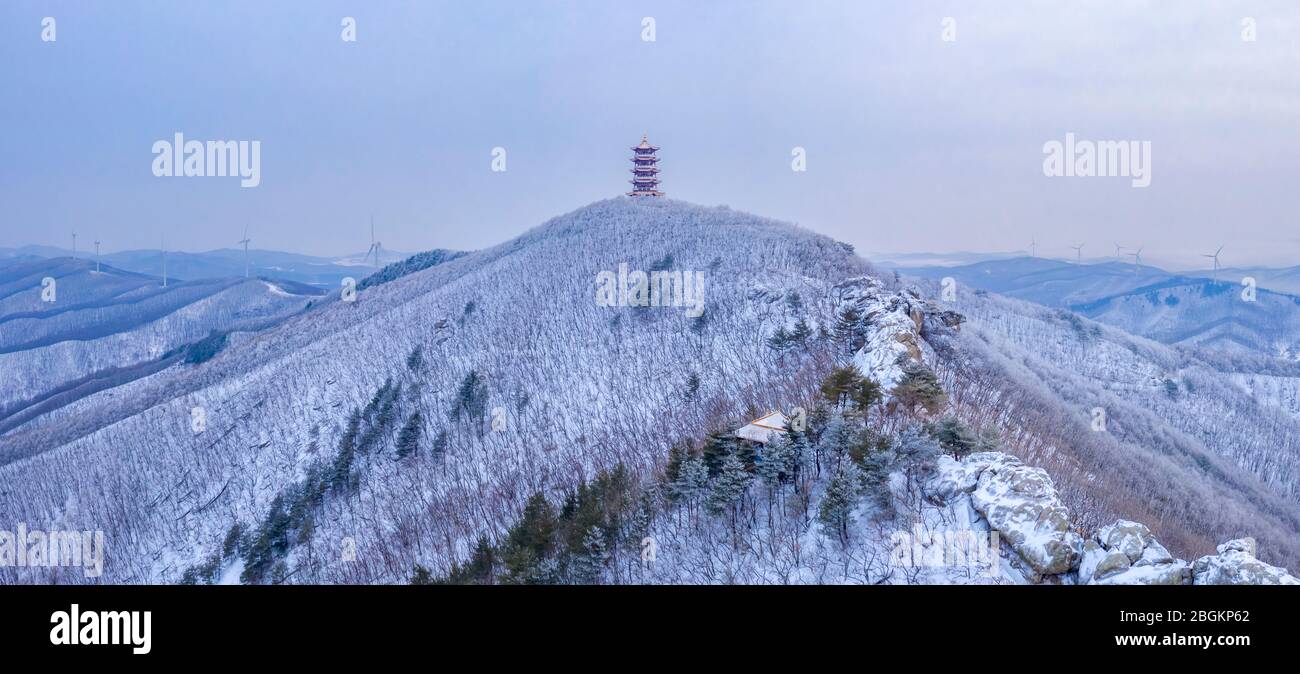 An aerial winter scenery of trees covered with rime around Xingkai Lake ...