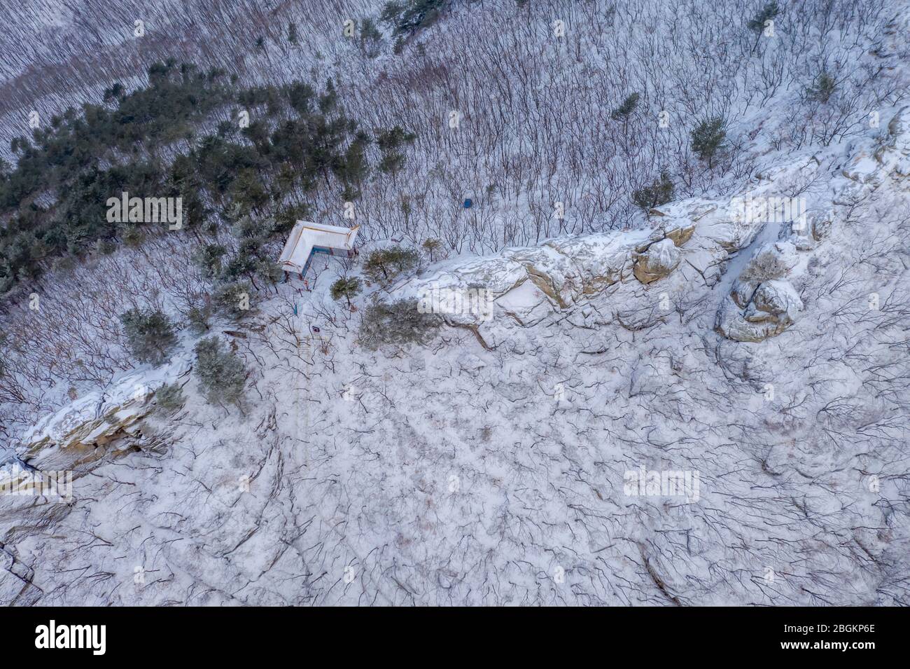 An aerial winter scenery of trees covered with rime around Xingkai Lake ...