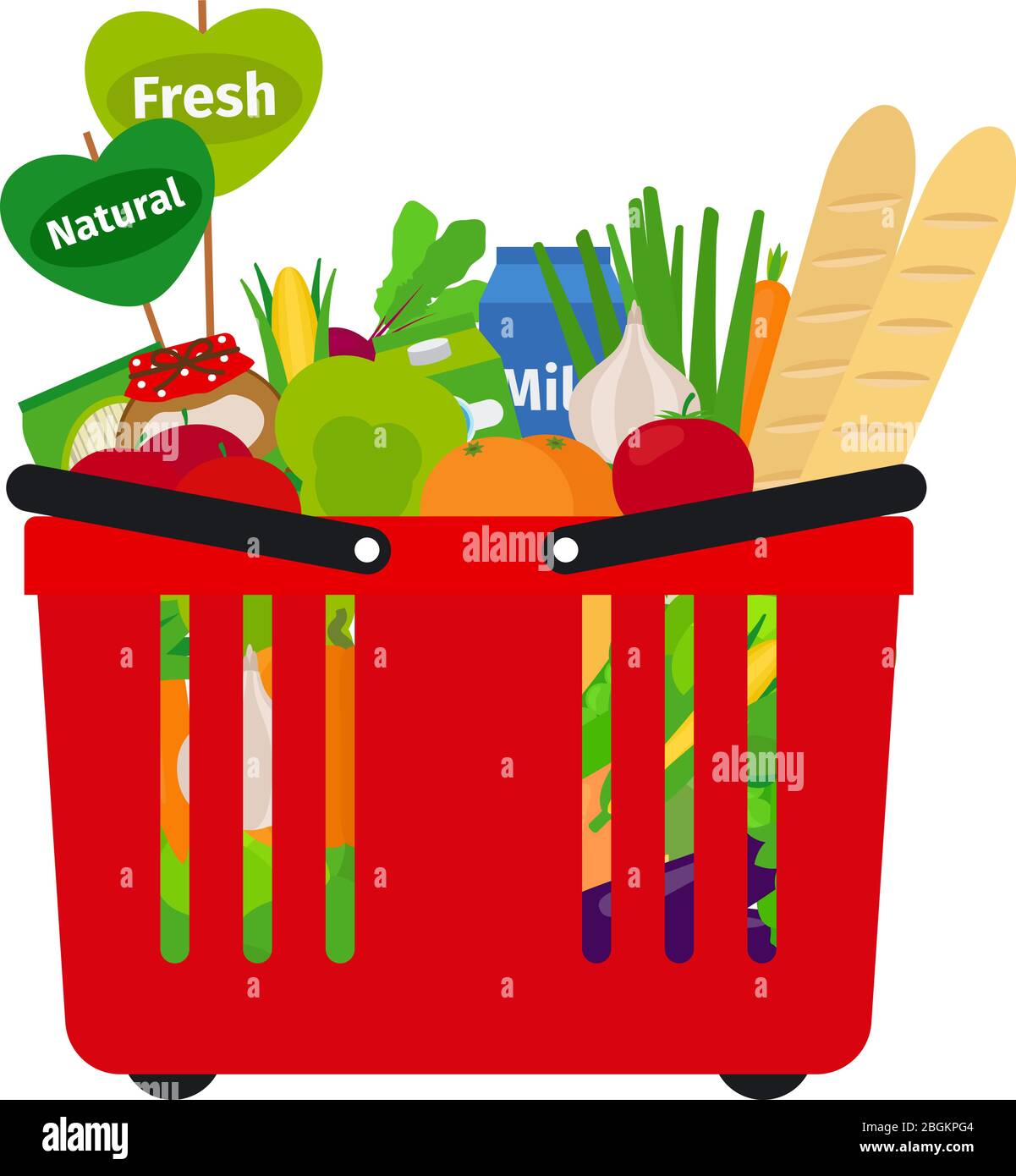 Supermarket shopping basket with natural fresh food vector illustration ...