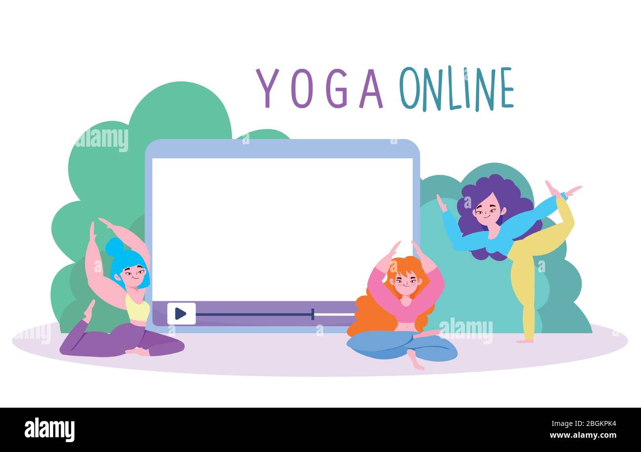 online yoga, group women characters with tablet practicing yoga ...