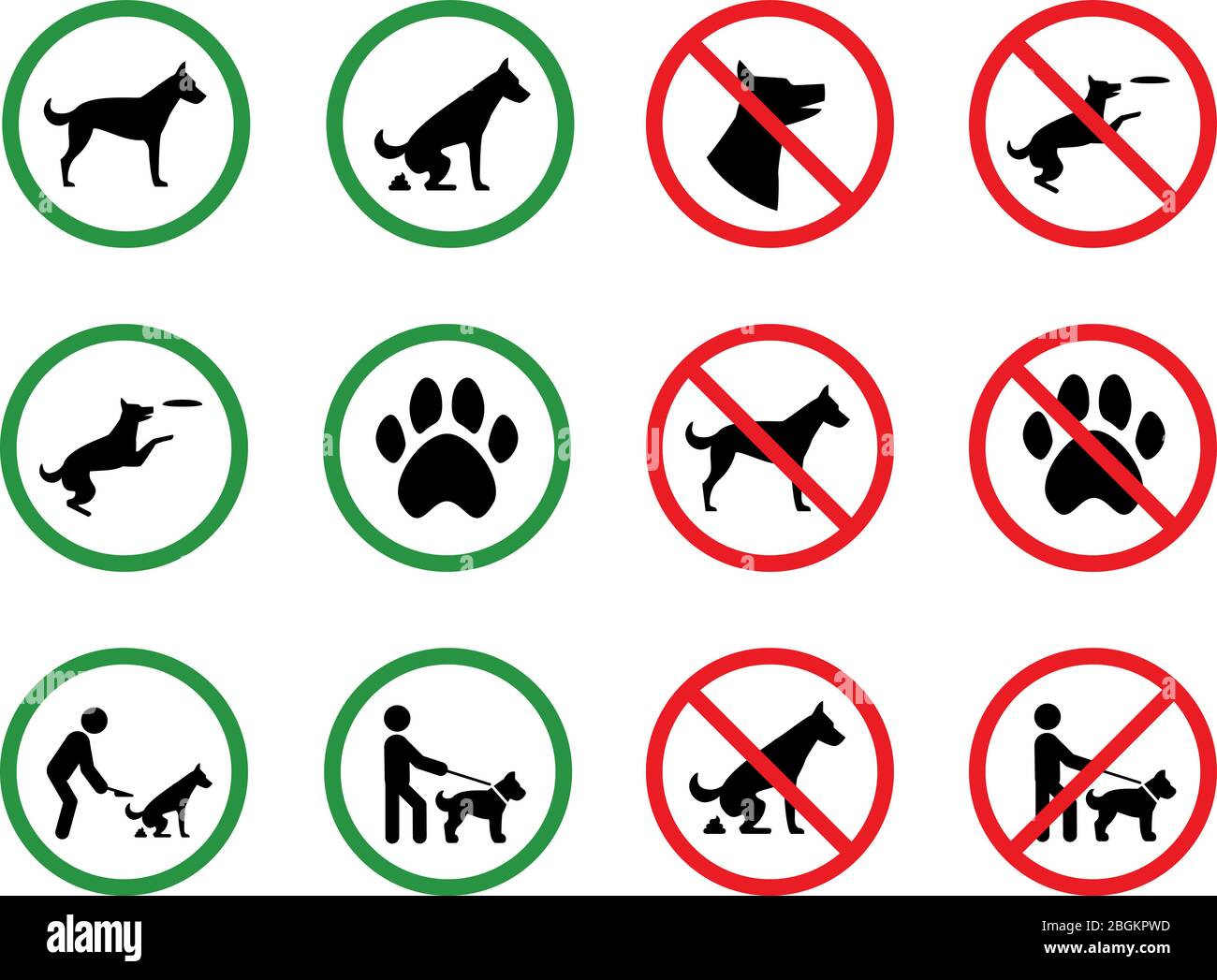 Dog forbidden signs. Dogs permission and restriction silhouette park ...