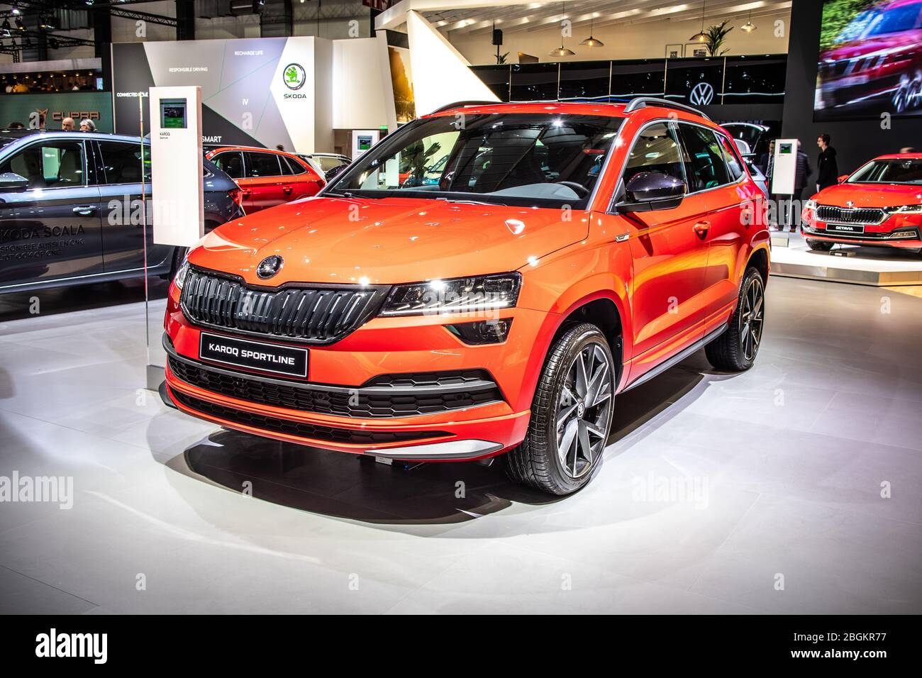 Brussels, Belgium, Jan 2020 Skoda KAROQ Sportline, Brussels Motor Show, VW MQB platform, compact ...