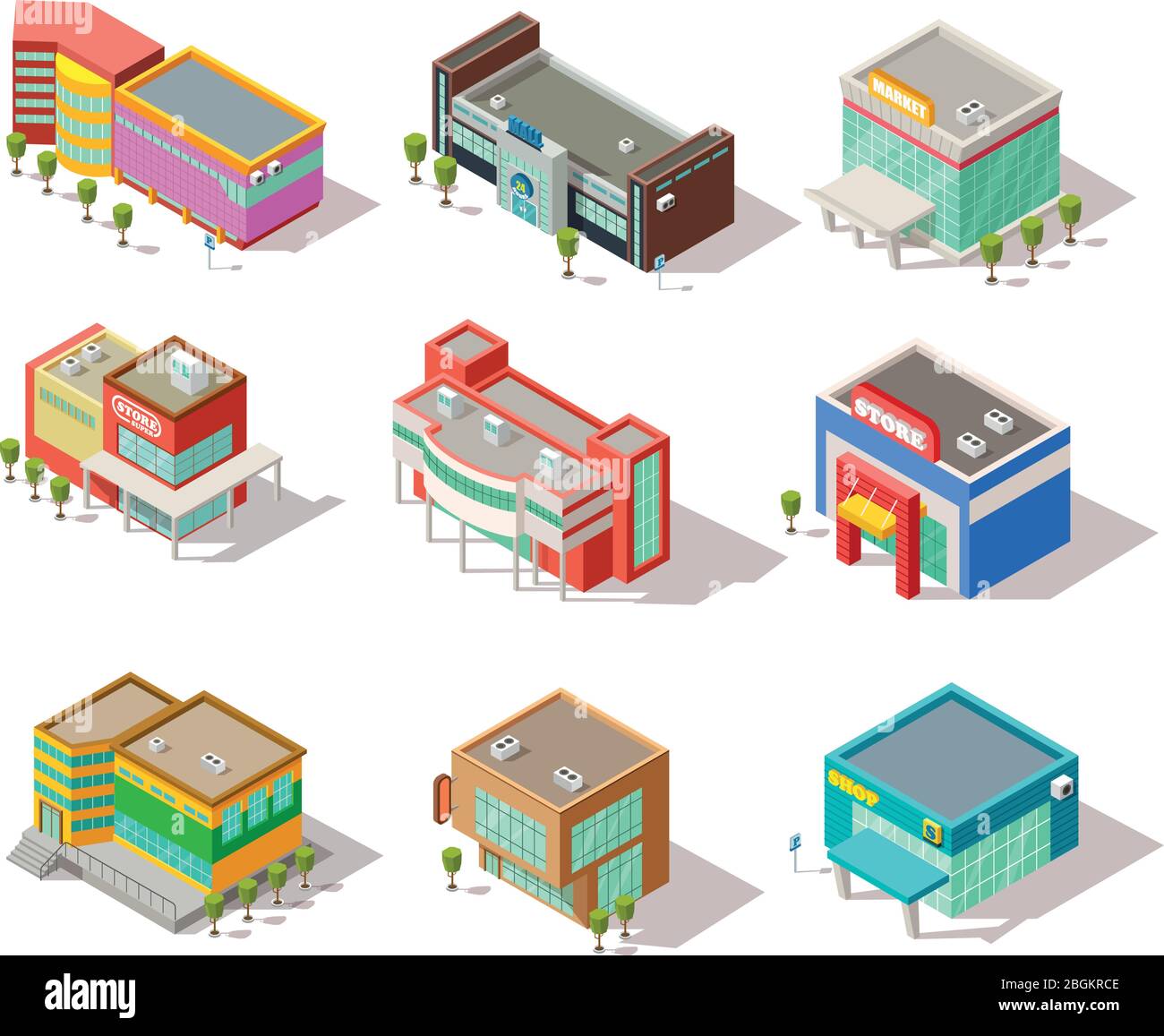 Isometric mall, store, shop and supermarket buildings. Vector city ...