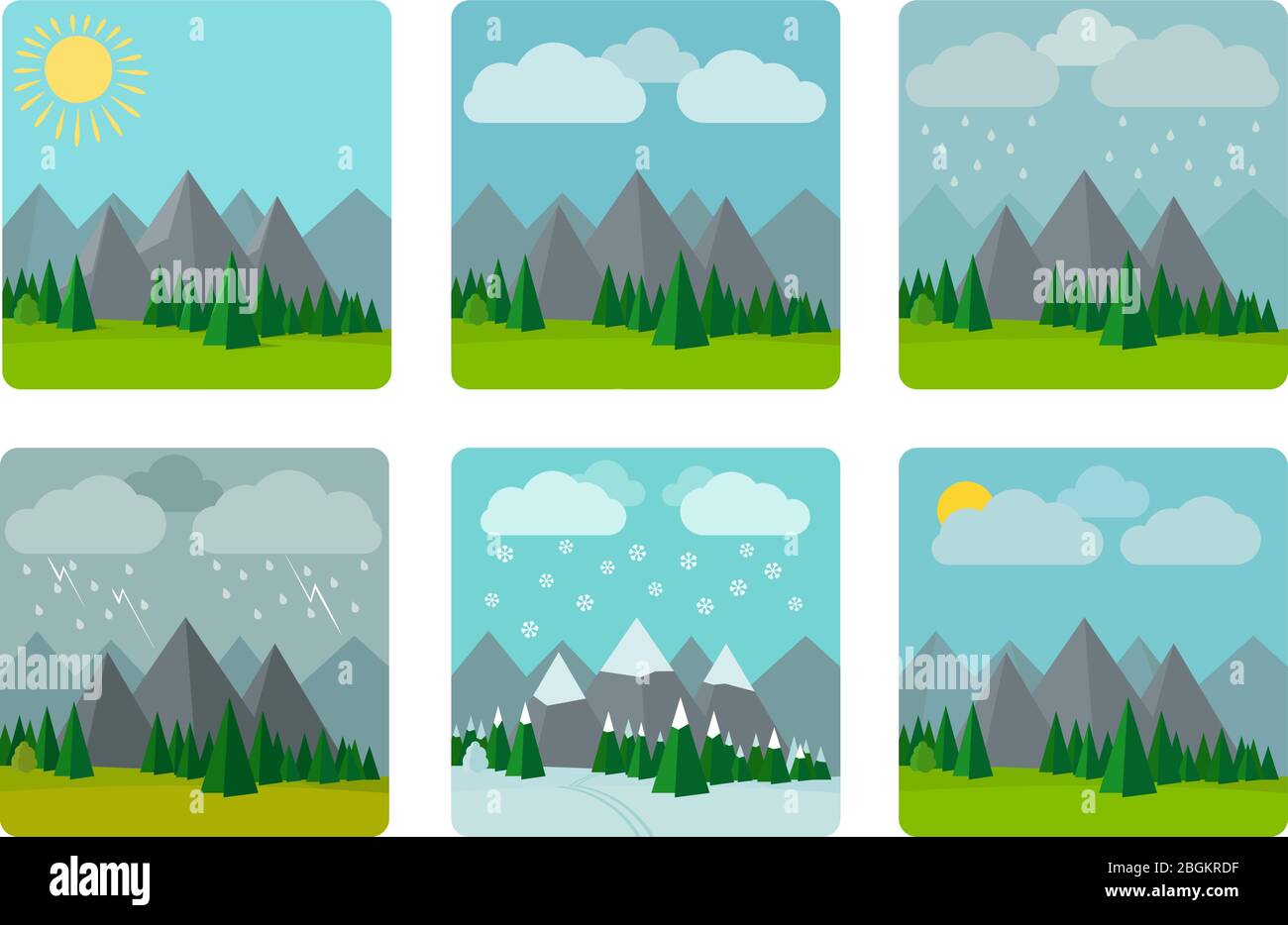 Weather illustrations in flat style. Mountains with snow, rain and sun ...