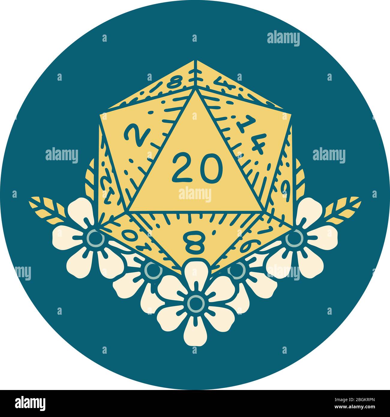 icon of natural 20 D20 dice roll with floral elements Stock Vector ...