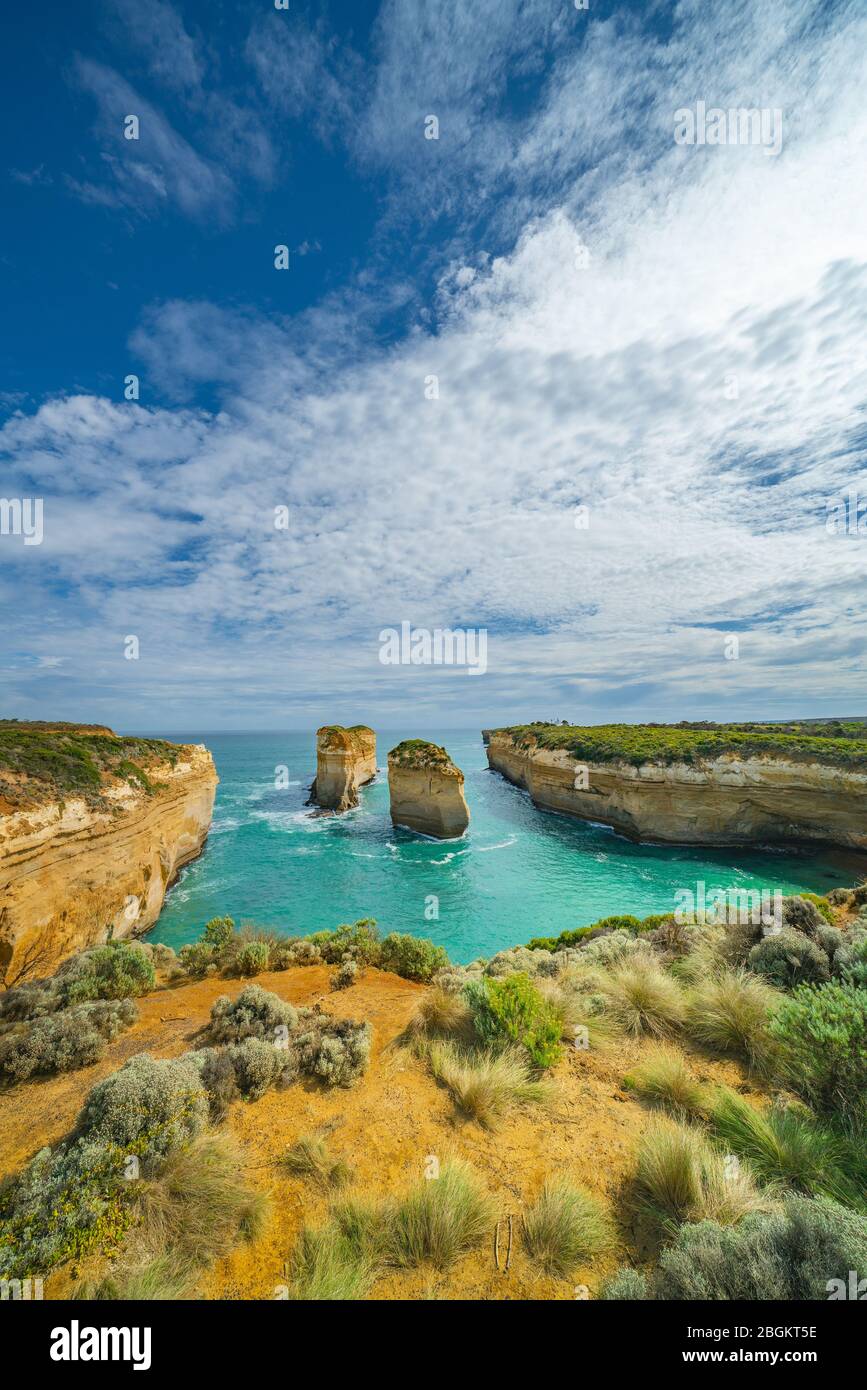 Loch Ard Gorge enclosed bau with steep limestone surrounding cliffs and ...