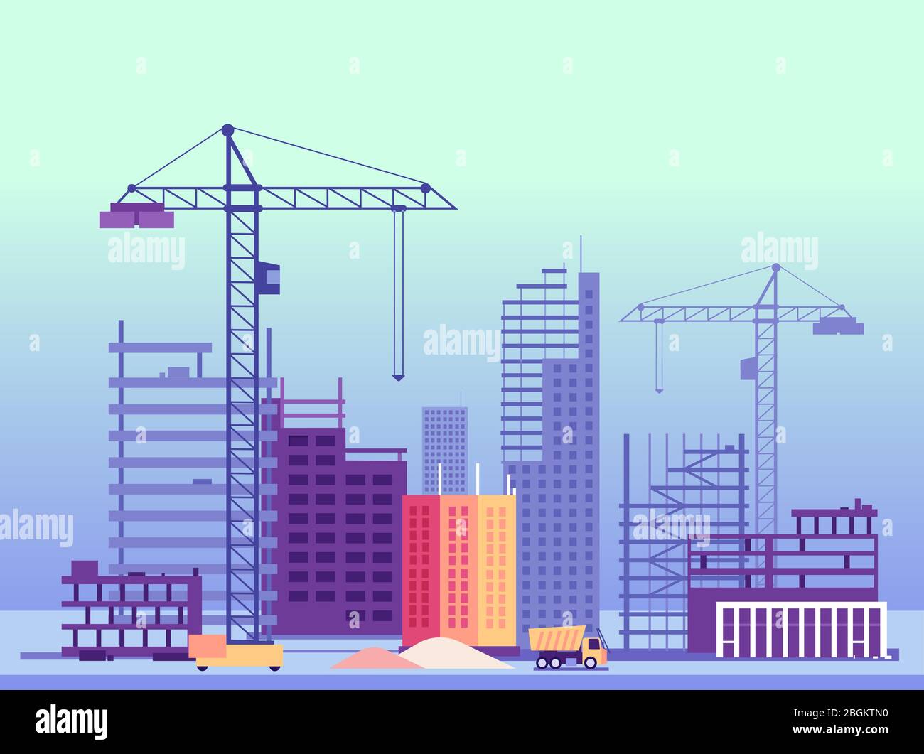 Building process. Unfinished buildings and construction machines ...