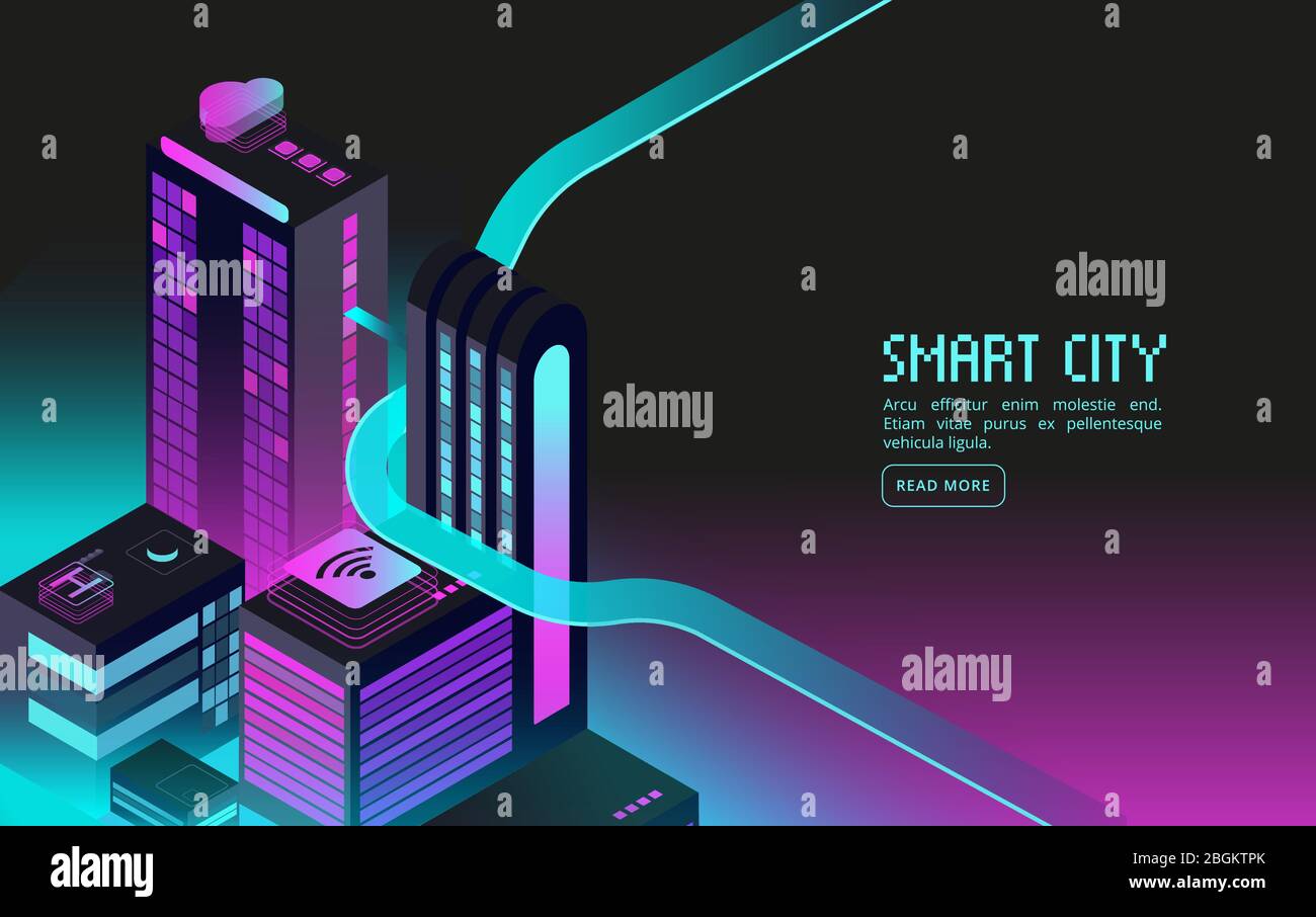 Smart building. Intelligent houses in night city. Augmented reality 3d ...