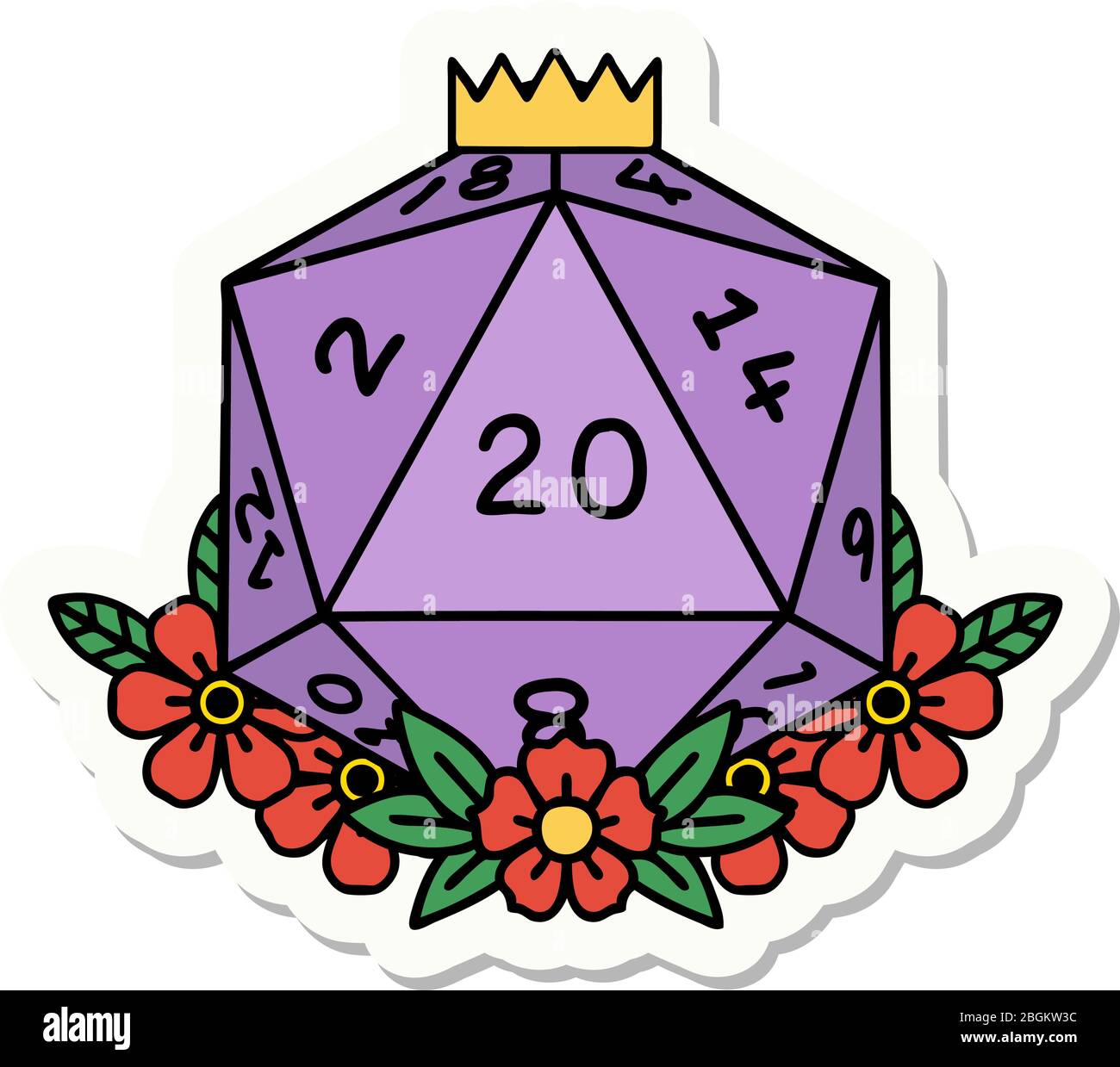 sticker of a natural 20 D20 dice roll with floral elements Stock Vector ...