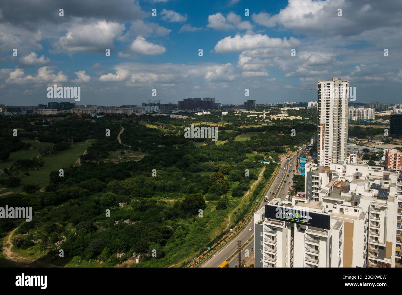 Hyderabad cityscape.Downtown.Golf Course and high rise buildings Stock ...