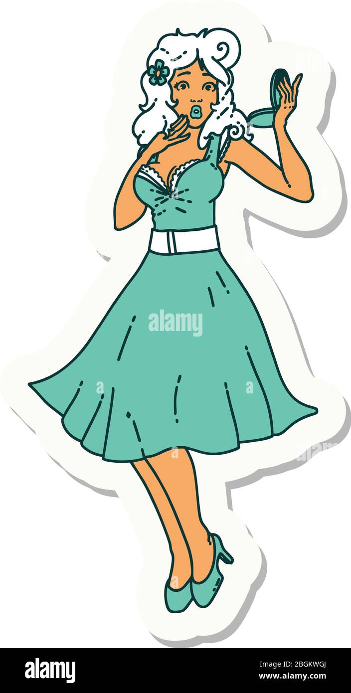 sticker of tattoo in traditional style of a pinup surprised girl Stock ...