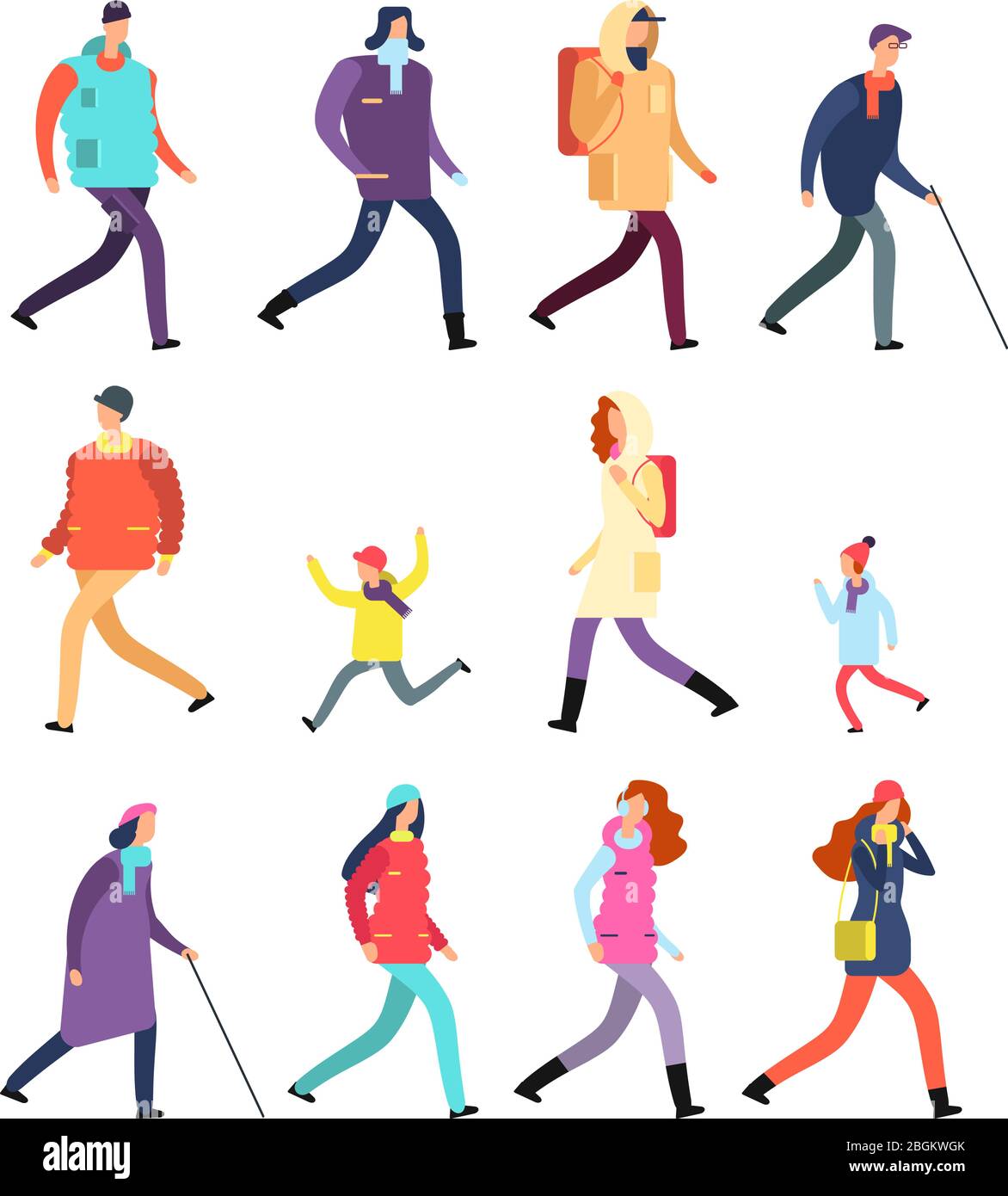 People in winter clothes. Cartoon man and woman, teenagers and children ...