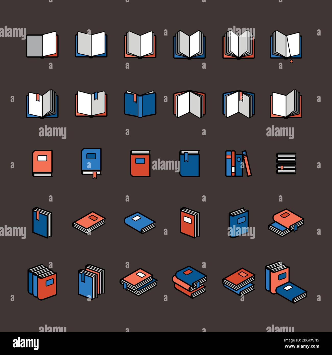 Book color icons in flat style. Blue and orange books on brown ...