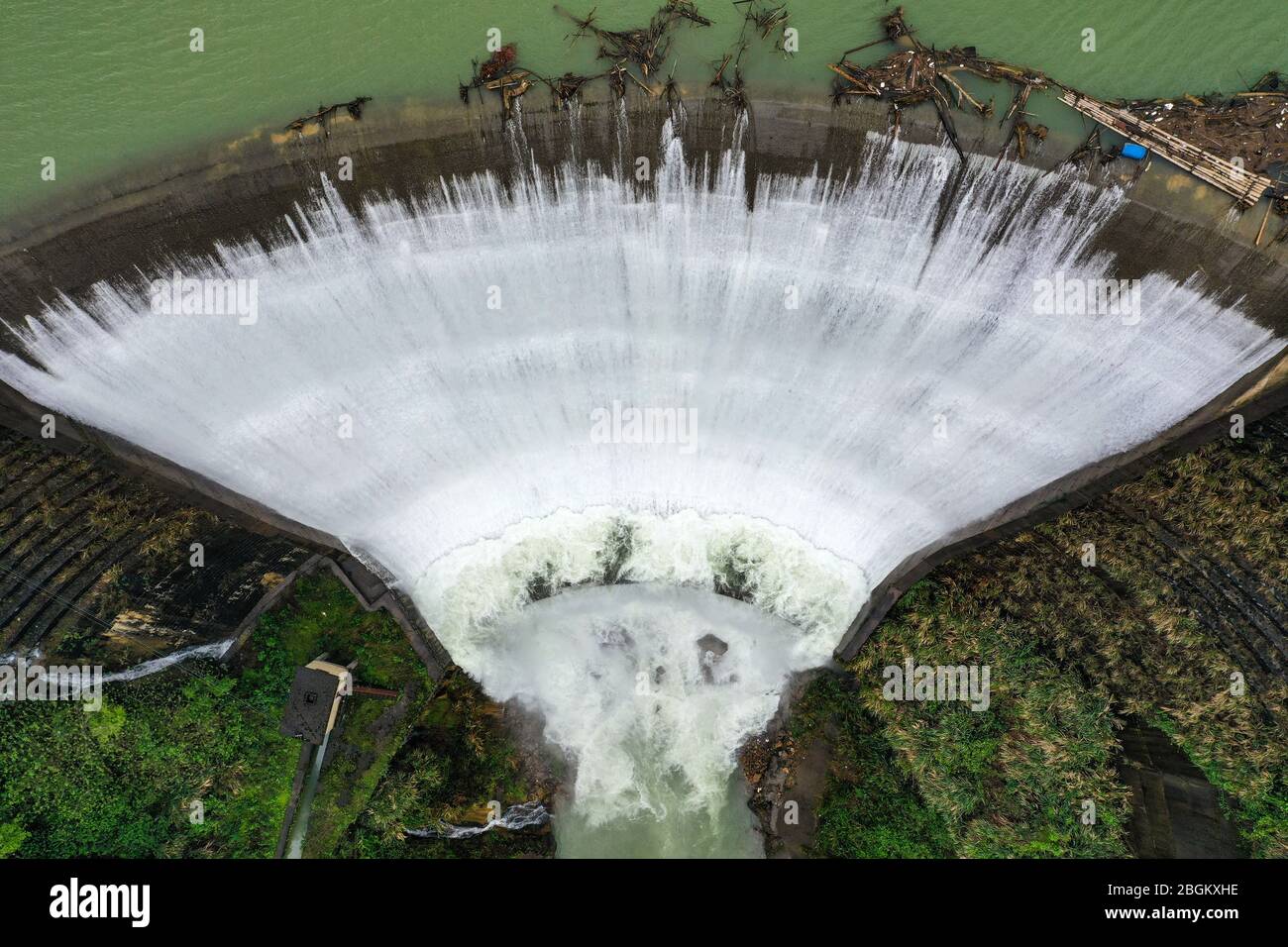 An aerial view of the fan-shaped reservoir in Quanzhou county, Guilin ...
