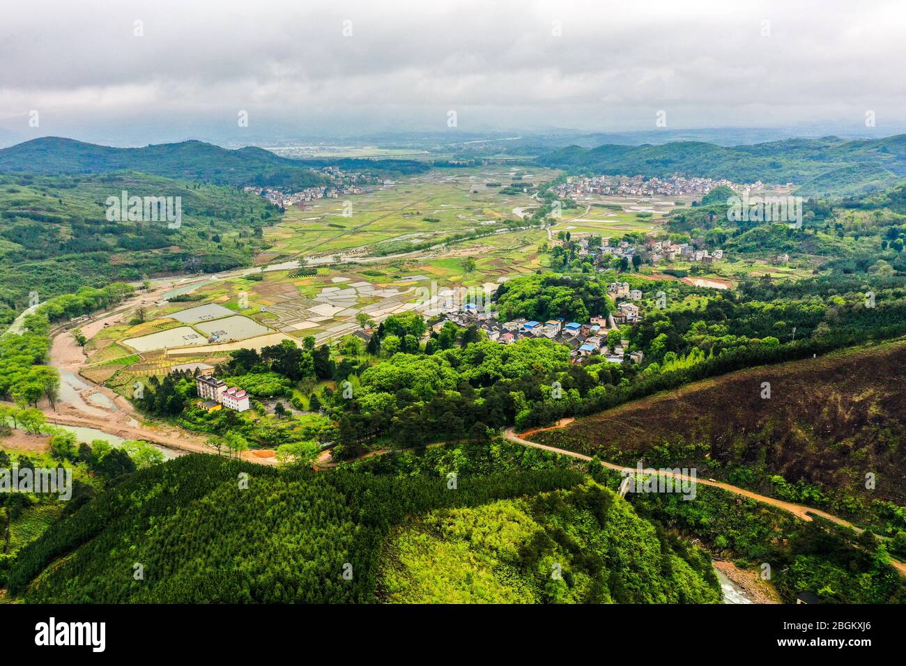 An aerial view of the village at the lower end of the reservoir in ...