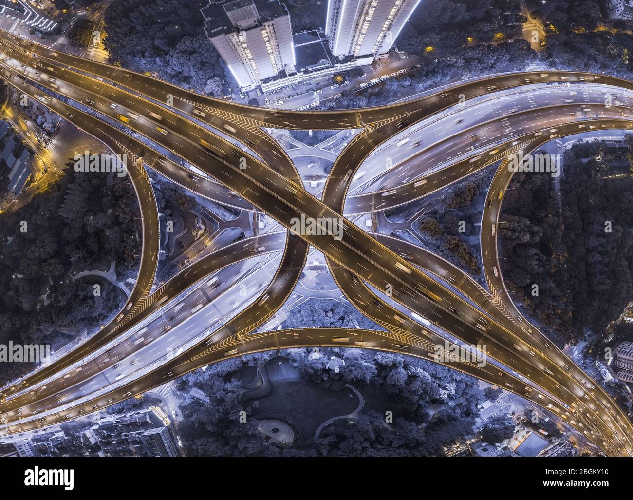 aerial view of highway interchange at night Stock Photo - Alamy