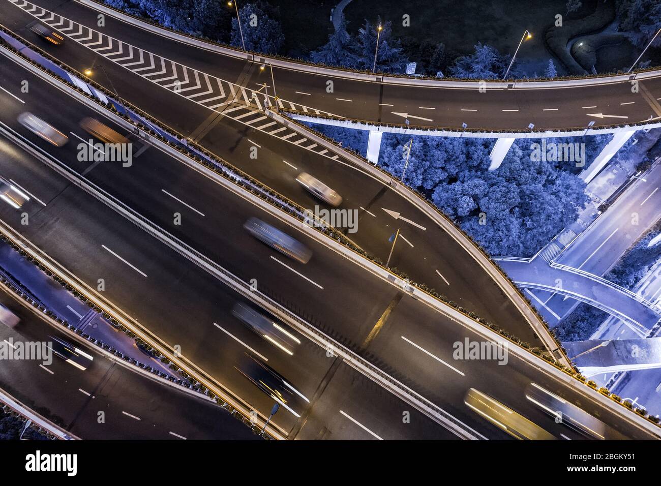 aerial view of highway interchange at night Stock Photo - Alamy