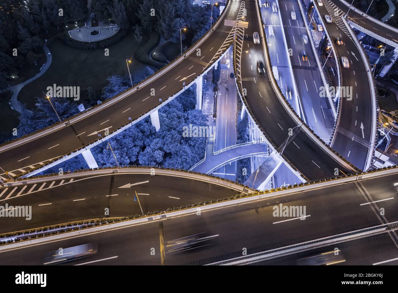 aerial view of highway interchange at night Stock Photo - Alamy
