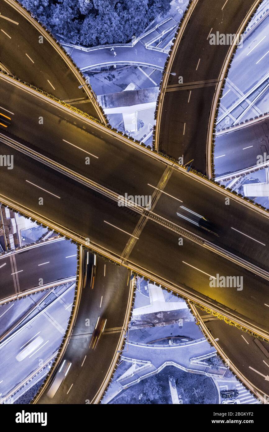 aerial view of highway interchange at night Stock Photo - Alamy