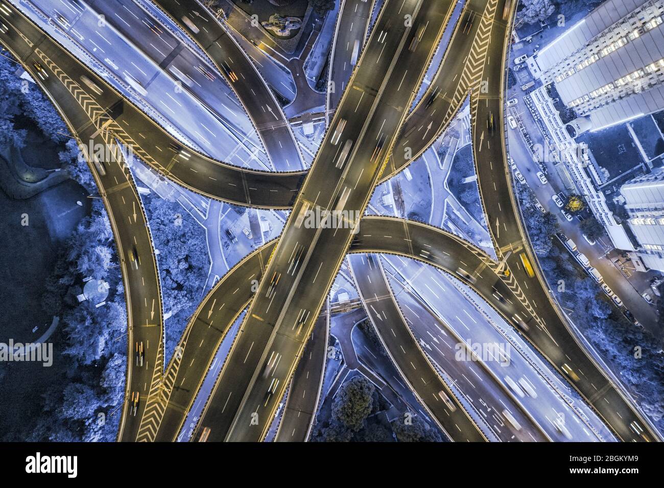 aerial view of highway interchange at night Stock Photo - Alamy