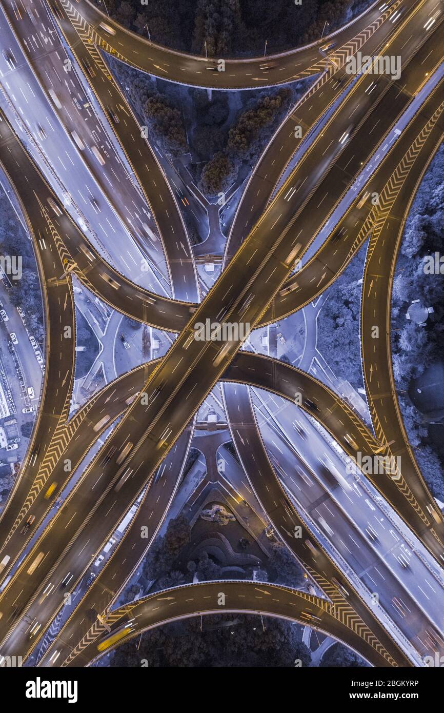aerial view of highway interchange at night Stock Photo - Alamy