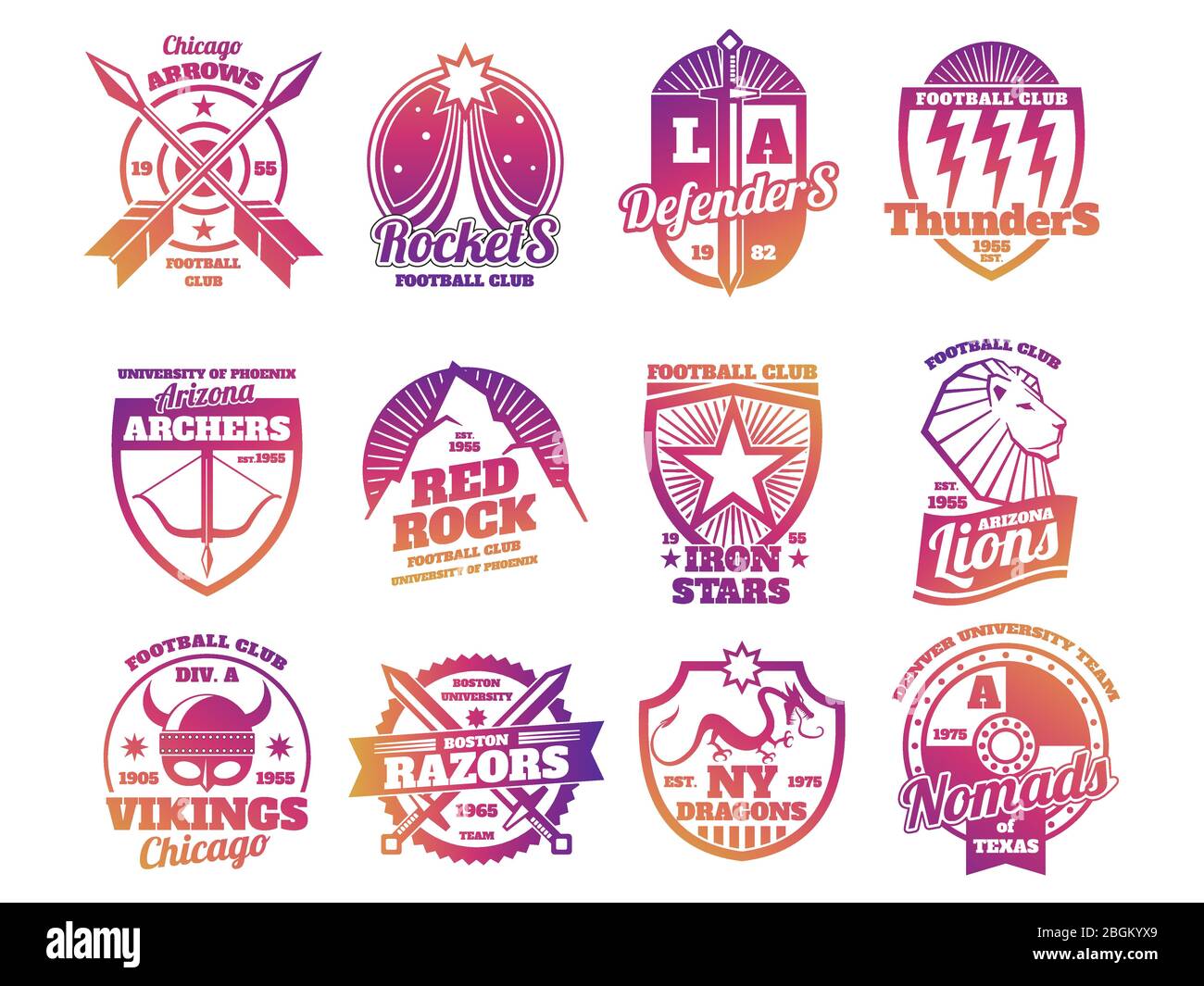 Bright color school emblems, college athletic teams sports labels ...