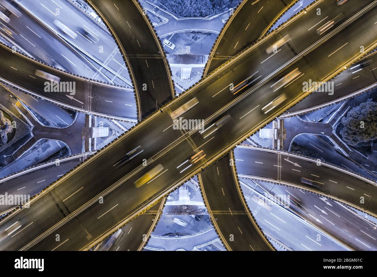 aerial view of highway interchange at night Stock Photo - Alamy