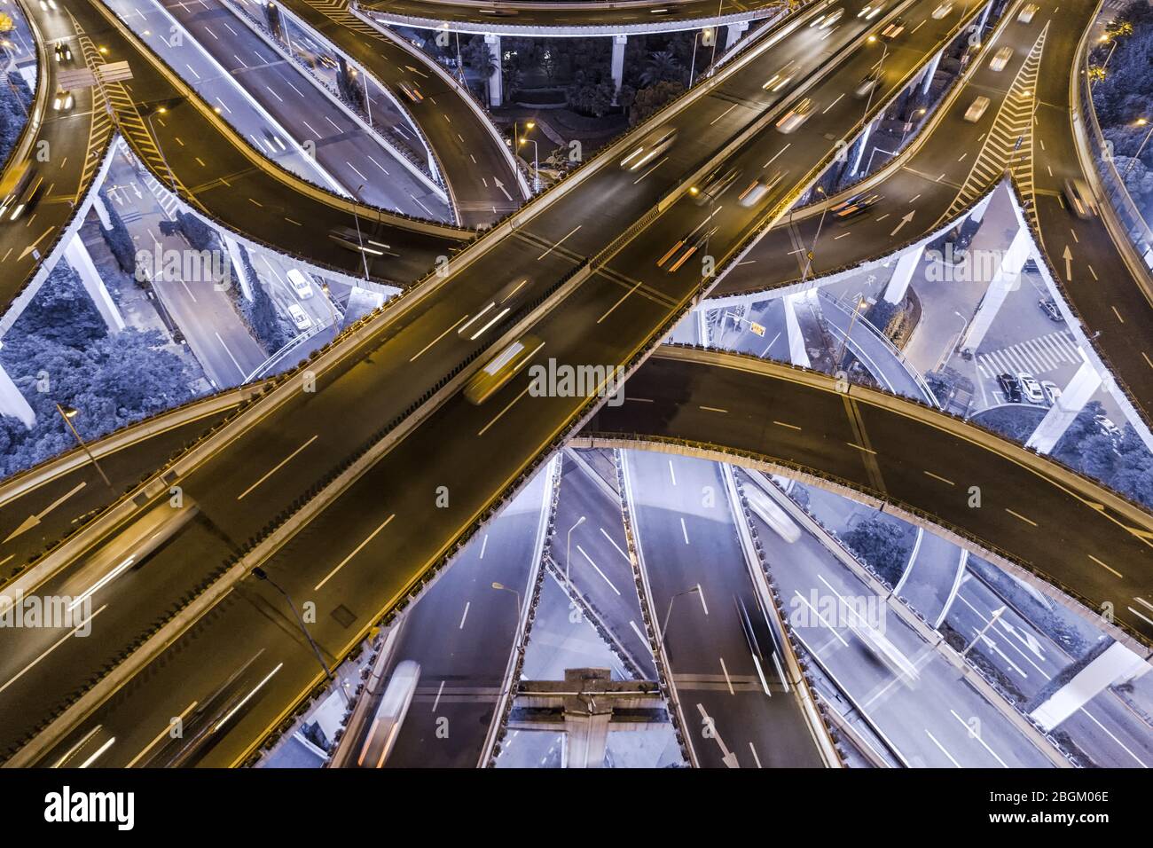 aerial view of highway interchange at night Stock Photo - Alamy