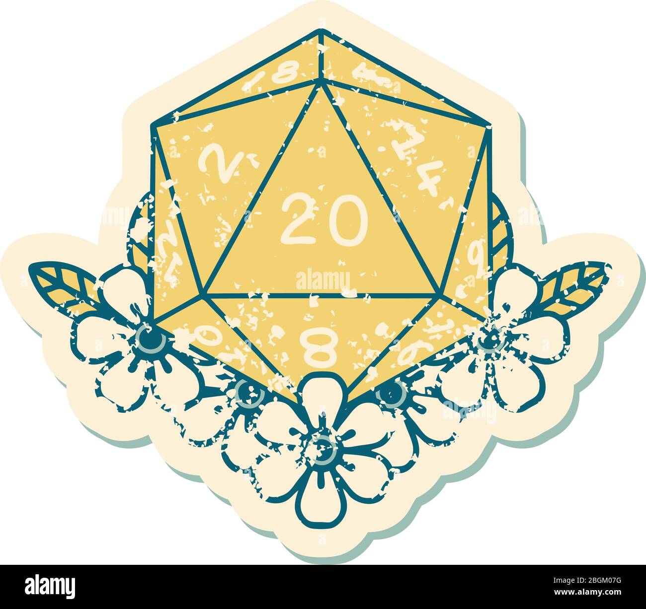 Retro Tattoo Style natural 20 D20 dice roll with floral elements Stock ...