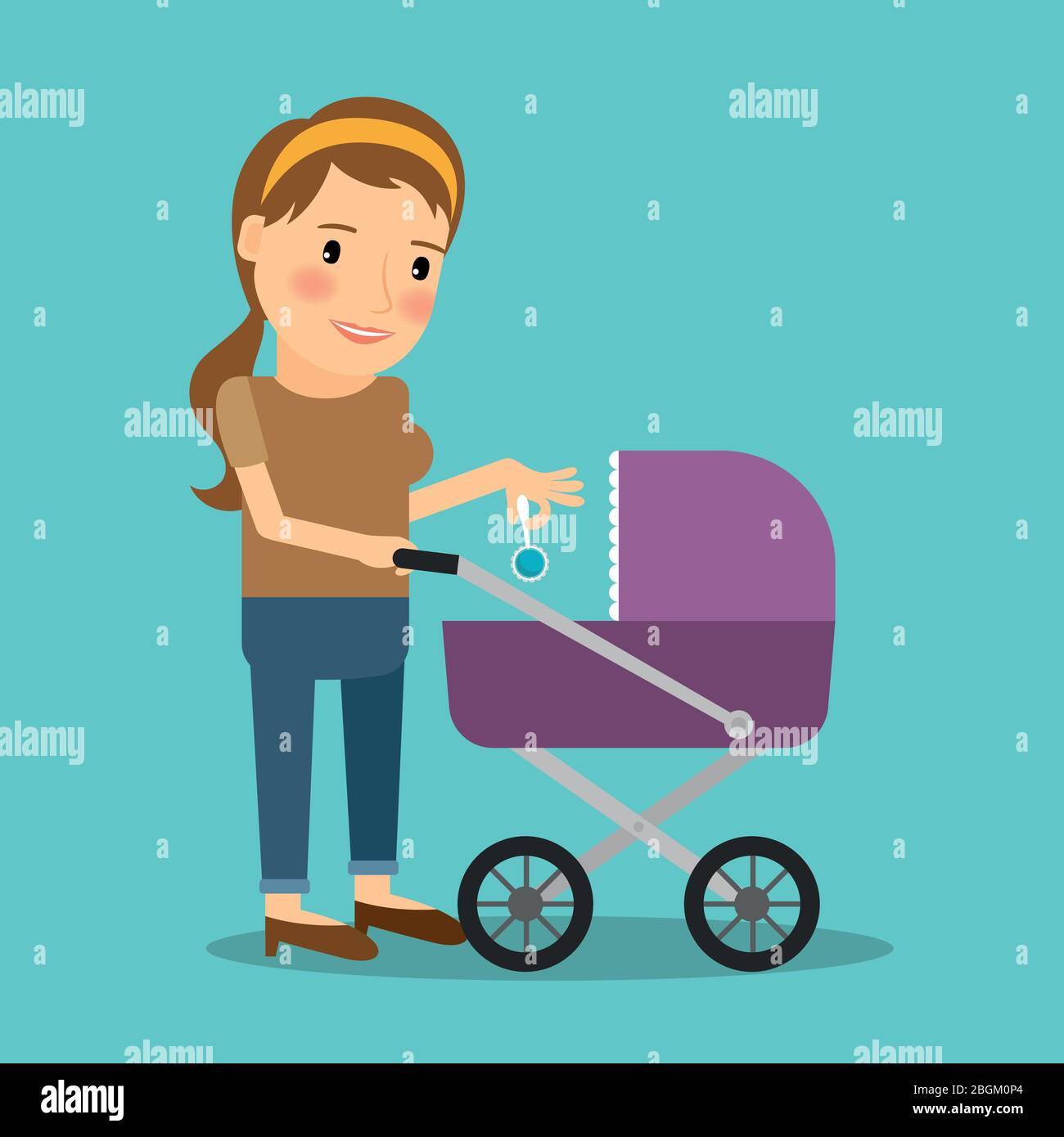 Mother with baby stroller giving soother to her baby. Vector ...