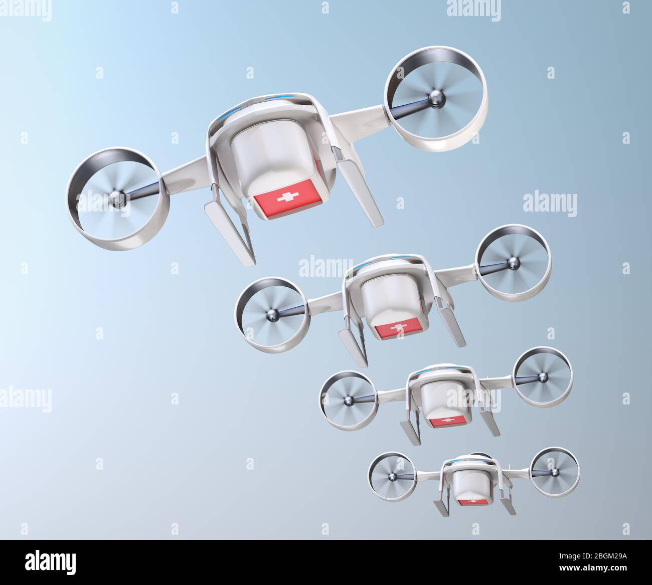 Fleet of Electric VTOL delivery drones carry medical kit flying in the ...