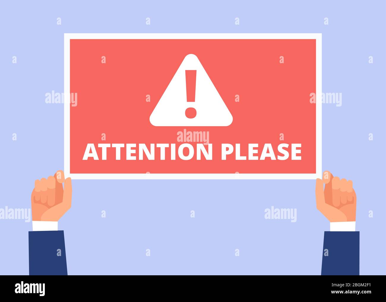 Attention please. Hands hold information banner with important message. Alert announcement ...