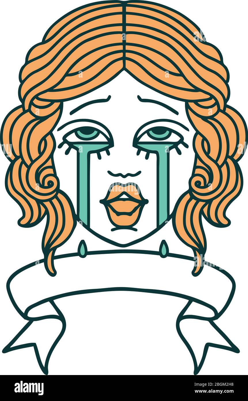 traditional tattoo with banner of a very happy crying female face Stock ...