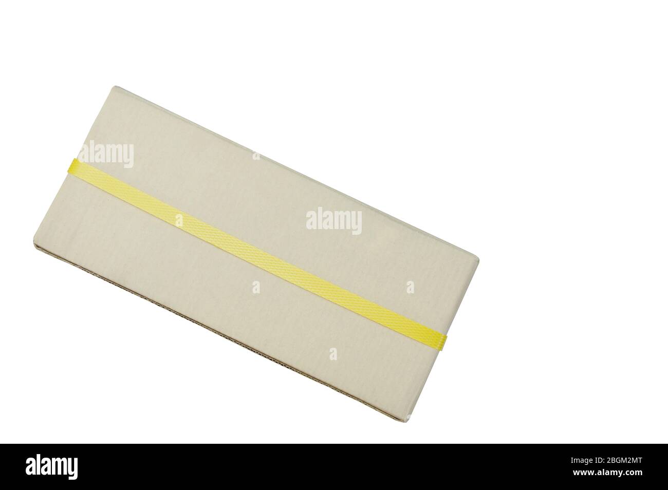 brown hard paper box wrapped by yellow plastic band on white background ...