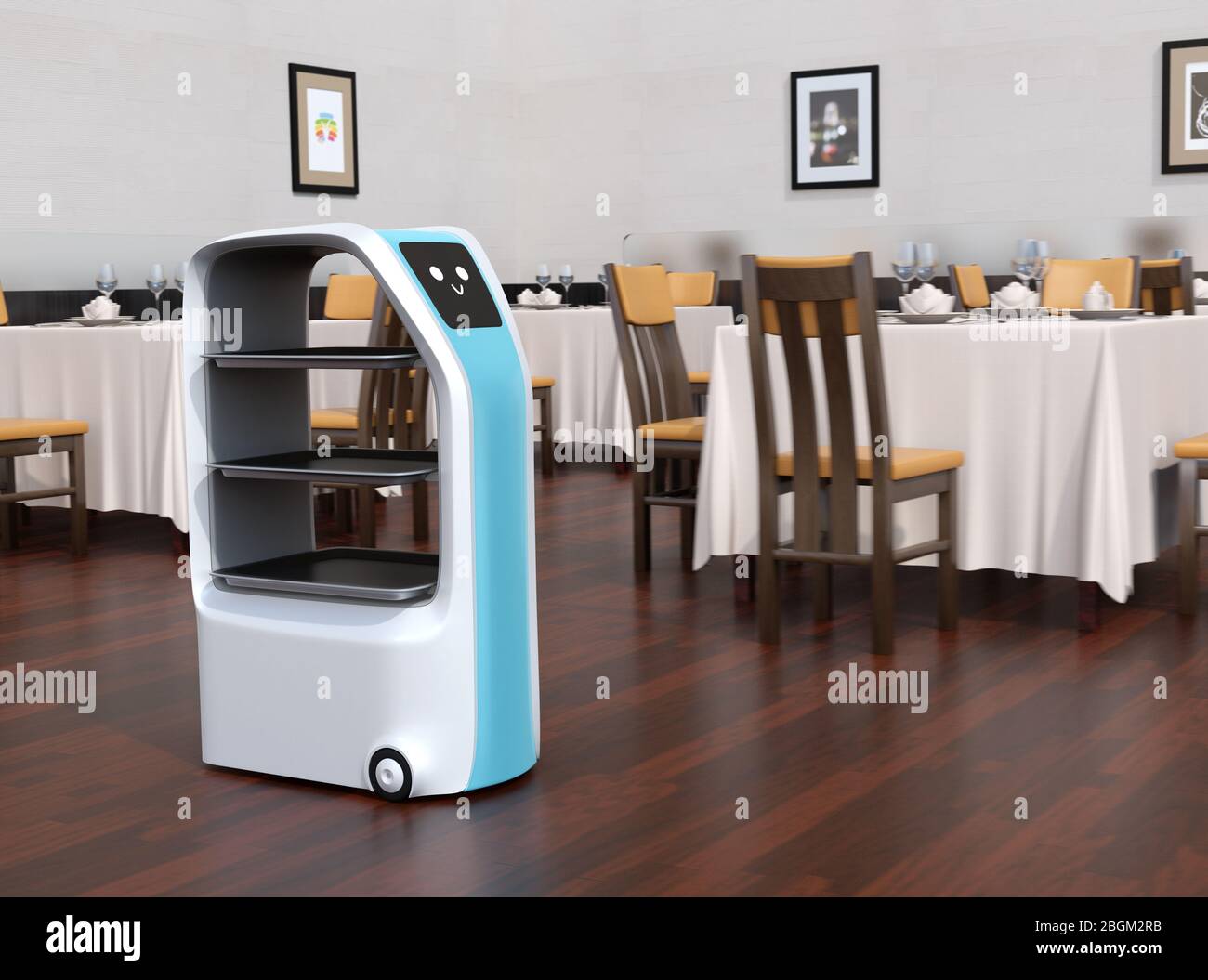 Food delivery robot working in a restaurant. Touchless service concept ...
