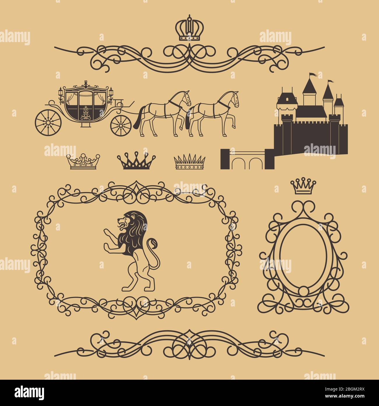Vintage royal elements and princess decor elements in line style ...