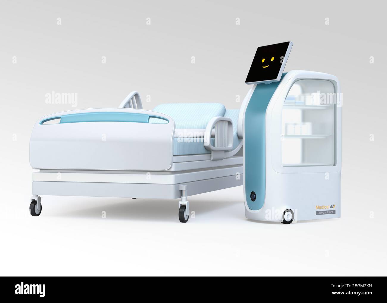 Medical delivery robot and bed on gray background. Infection prevention ...