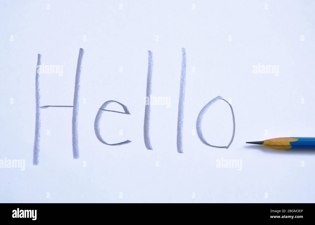 pencil write hello word on white paper Stock Photo - Alamy