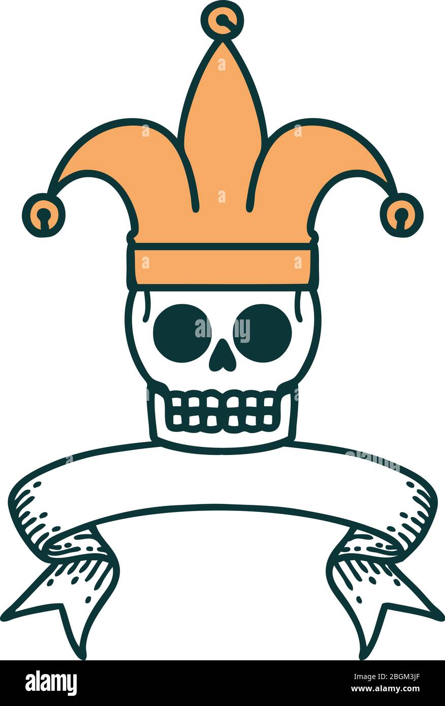 traditional tattoo with banner of a skull jester Stock Vector Image ...
