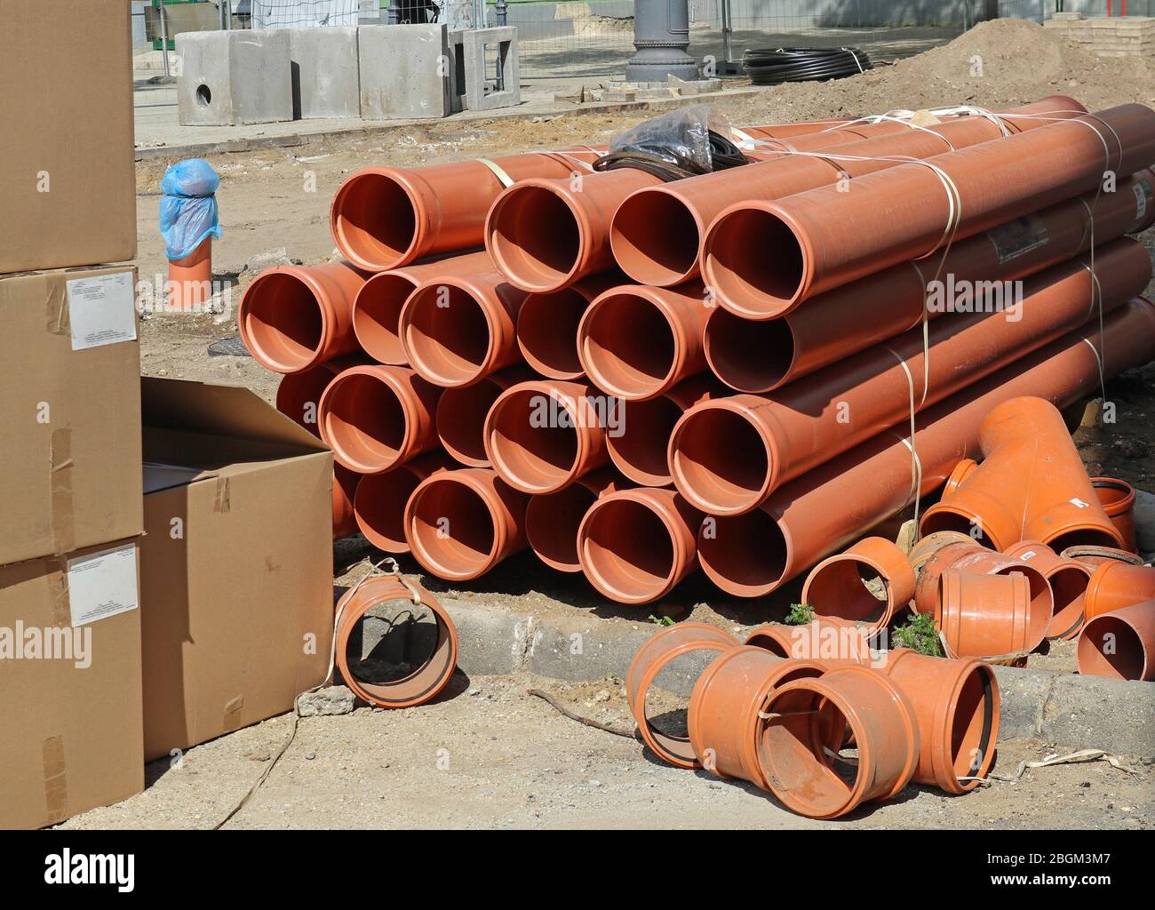 Plastic pipes at the road construction Stock Photo - Alamy