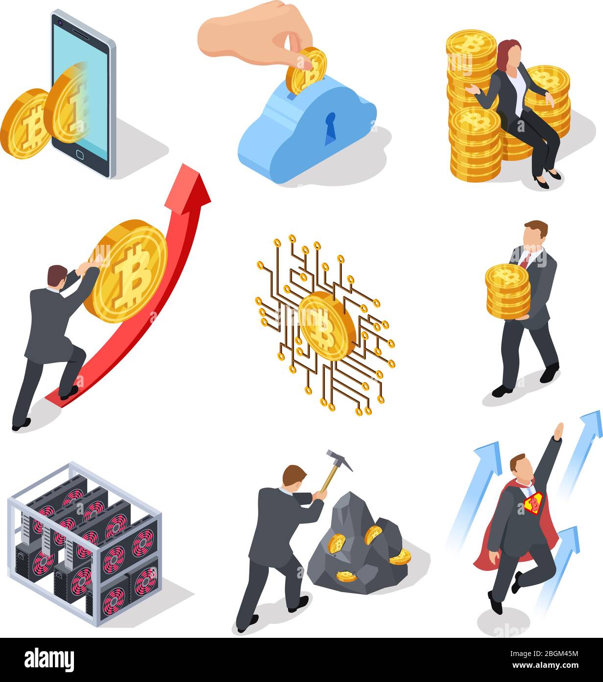 Ico and blockchain isometric icons. Bitcoin mining and cryptocurrency ...