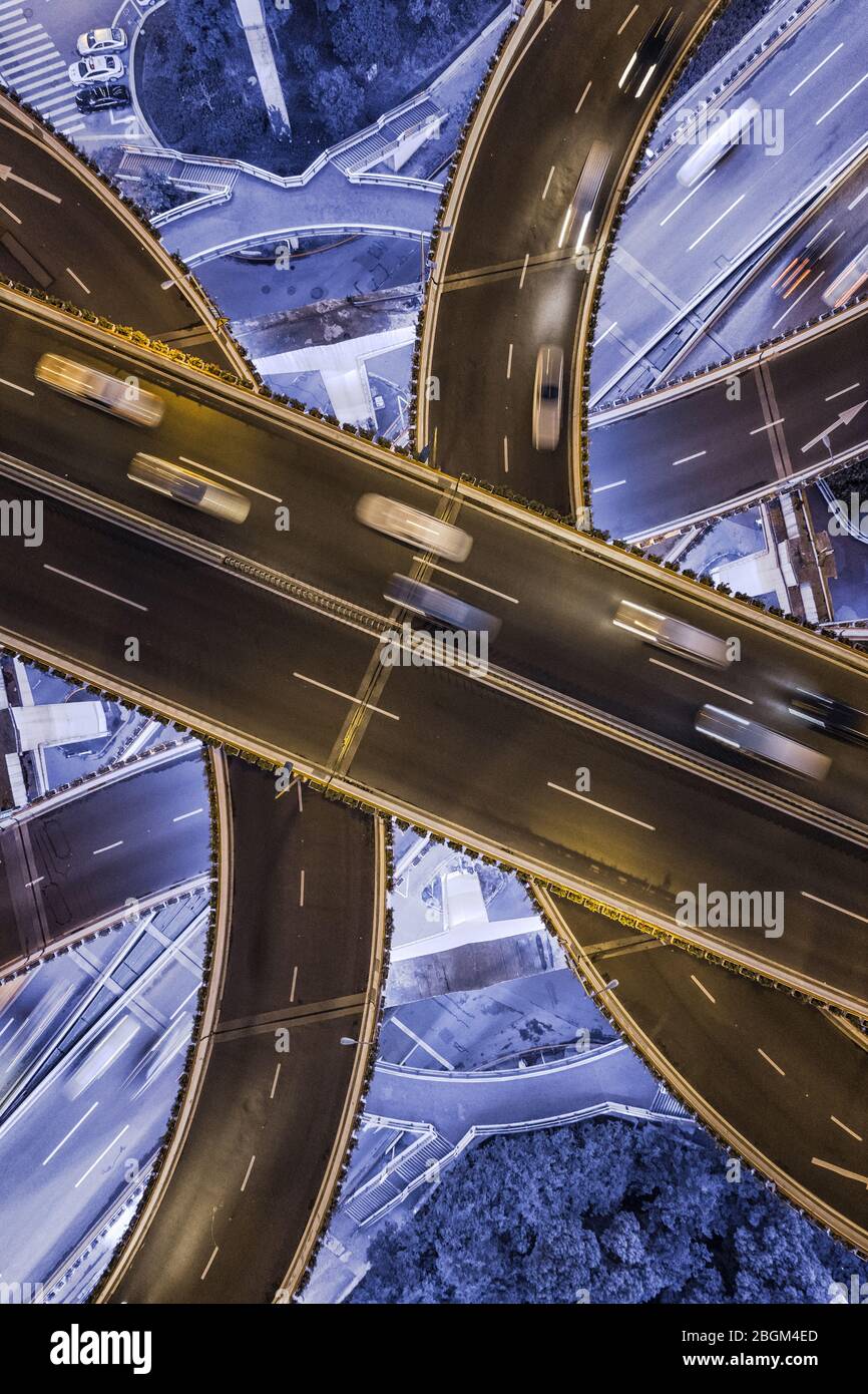 aerial view of highway interchange at night Stock Photo - Alamy